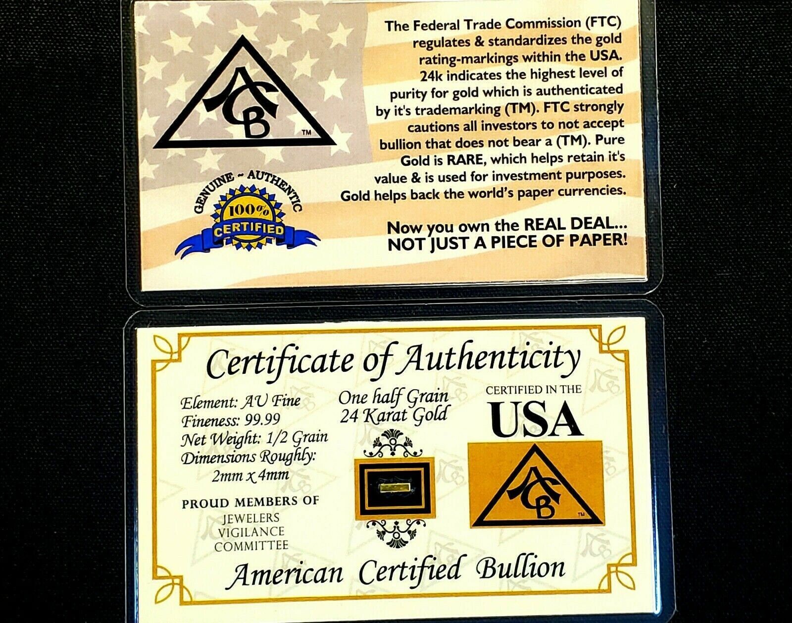 x2 ACB GOLD 1/2GRAIN 24K SOLID BULLION MINTED BAR 999 FINE CERT OF ...