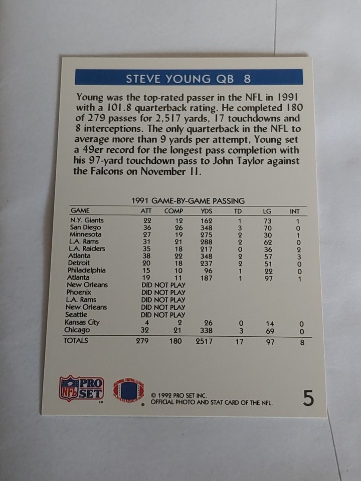 1992 Pro Set Football Card #5 Steve Young Passing Leader | eBay
