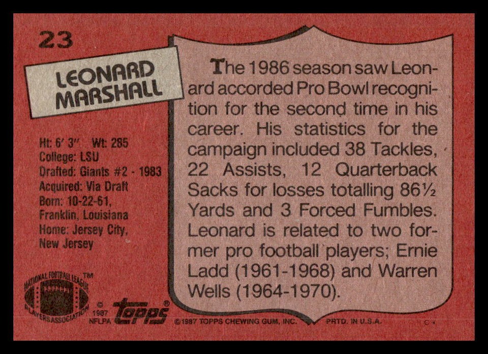 Leonard Marshall 1987 Topps #23a New York Giants Football Card | eBay
