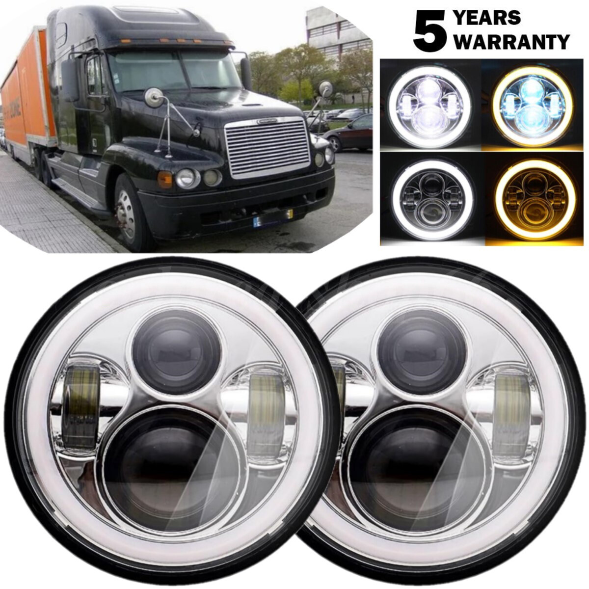 Pair 7" LED Headlights Chrome Hi/Lo DRL For Freightliner Century Class ...