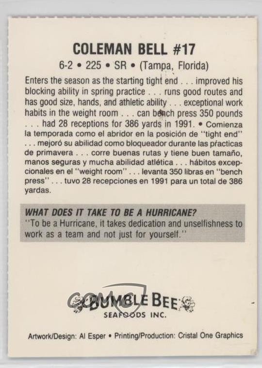 1992 Bumble Bee Miami Hurricanes Coleman Bell | eBay