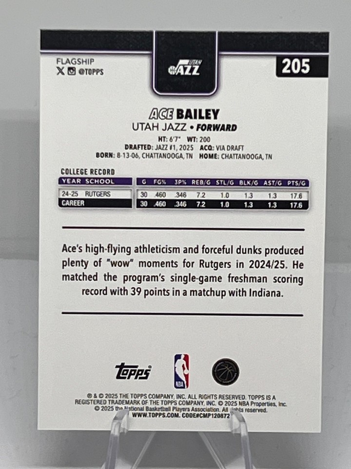 2025 Topps Basketball Ace Bailey Base RC #205 Utah Jazz | eBay