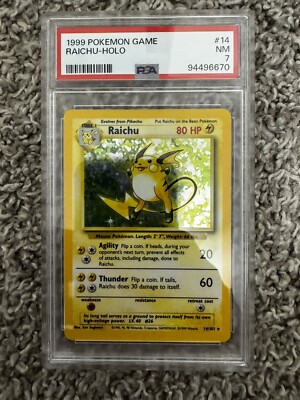 1999 Pokemon Game Base Set #14 RAICHU HOLO UNLIMITED 14/102 PSA 7 NM ...