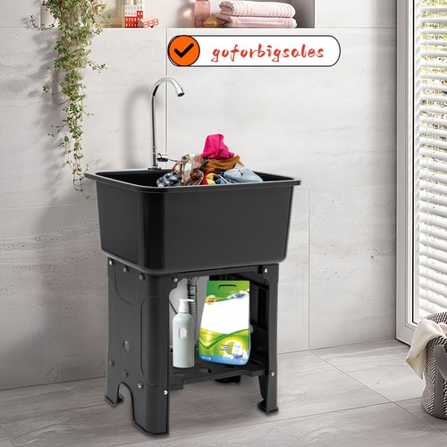 Laundry Sink Freestanding Plastic Utility Sink W/Storage Shelf Faucet ...