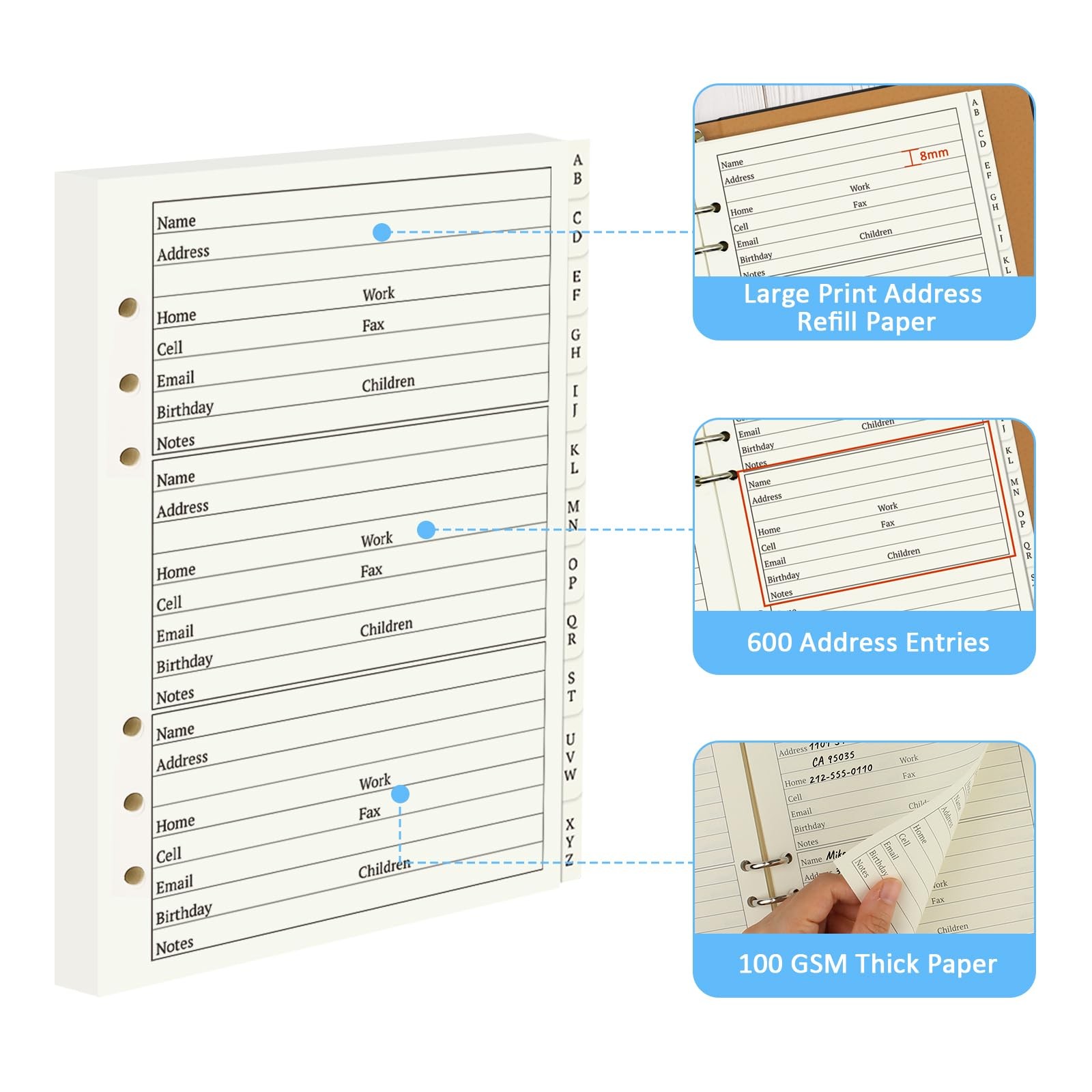 Address Book Refill Pages with Alphabetical Tabs, Large Print 600 ...