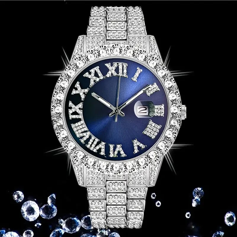 Hip Hop Iced Bling Silver Finish Rapper Blue Dial Metal Simulated ...