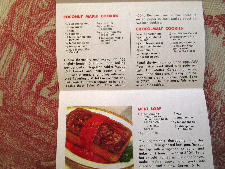1950's VERMONT RECIPES FOLD-OUT INSERT: MALTEX CEREAL & MAYPO OAT ...