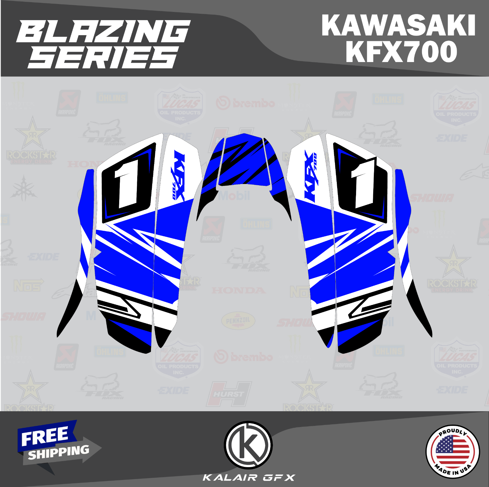 Graphics Kit for KAWASAKI KFX 700 KFX700 Blazing Series - Blue 16 MIL ...