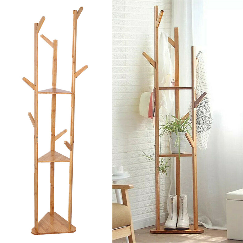 Bamboo Floor Standing Coat Rack Clothes Tree Stand with Shelf Tripod ...