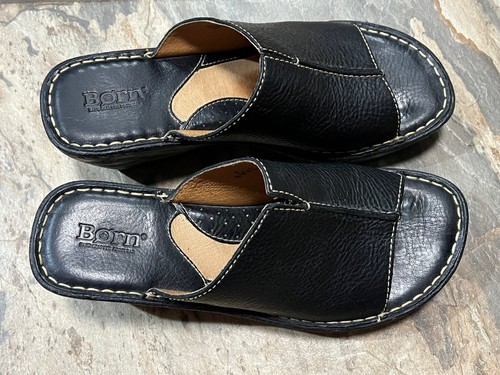 BORN Wedge Slip On Open Toe Black Leather Women's Size 8 (W3195) | eBay