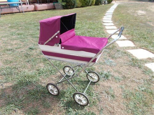 BEAUTIFUL DOLLS PRAM ENGLAND - PURPLE / WHITE - SILVER METAL FRAME FOLD ...