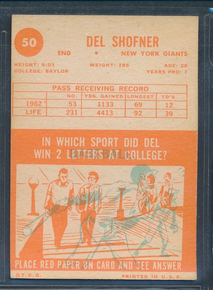 1963 Topps Football #50: DEL SHOFNER SP New York Giants ~ EX | eBay