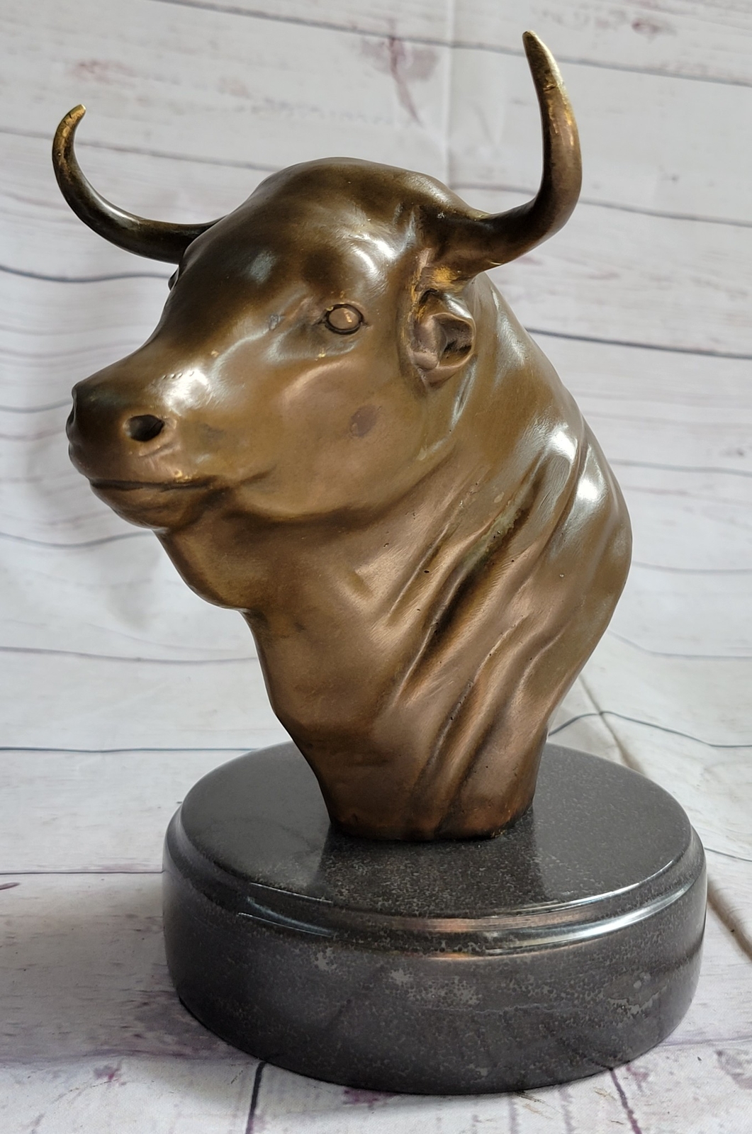 Bull Head 100% Bronze Sculpture Bull Bust Desktop Figurine Marble Base ...