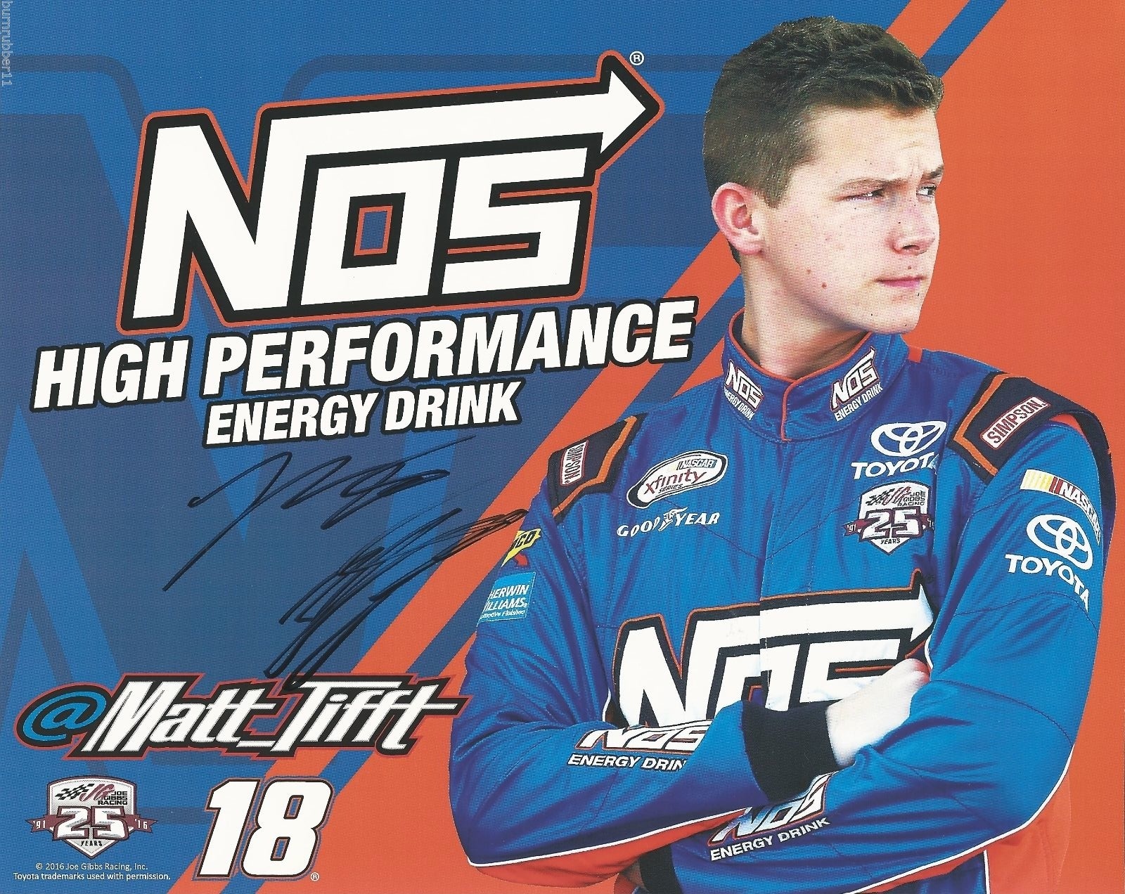 SIGNED 2016 MATT TIFFT "NOS ENERGY JOE GIBBS B/B" #18 NASCAR XFINITY ...