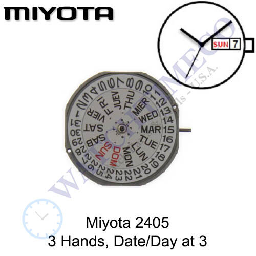 Genuine Miyota 2405 Watch Movement Japan 3 Hands, Date/Day at 3 | eBay