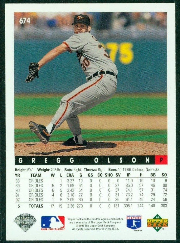 Original Autograph of Gregg Olson of the Orioles on a 1993 Upper Deck ...