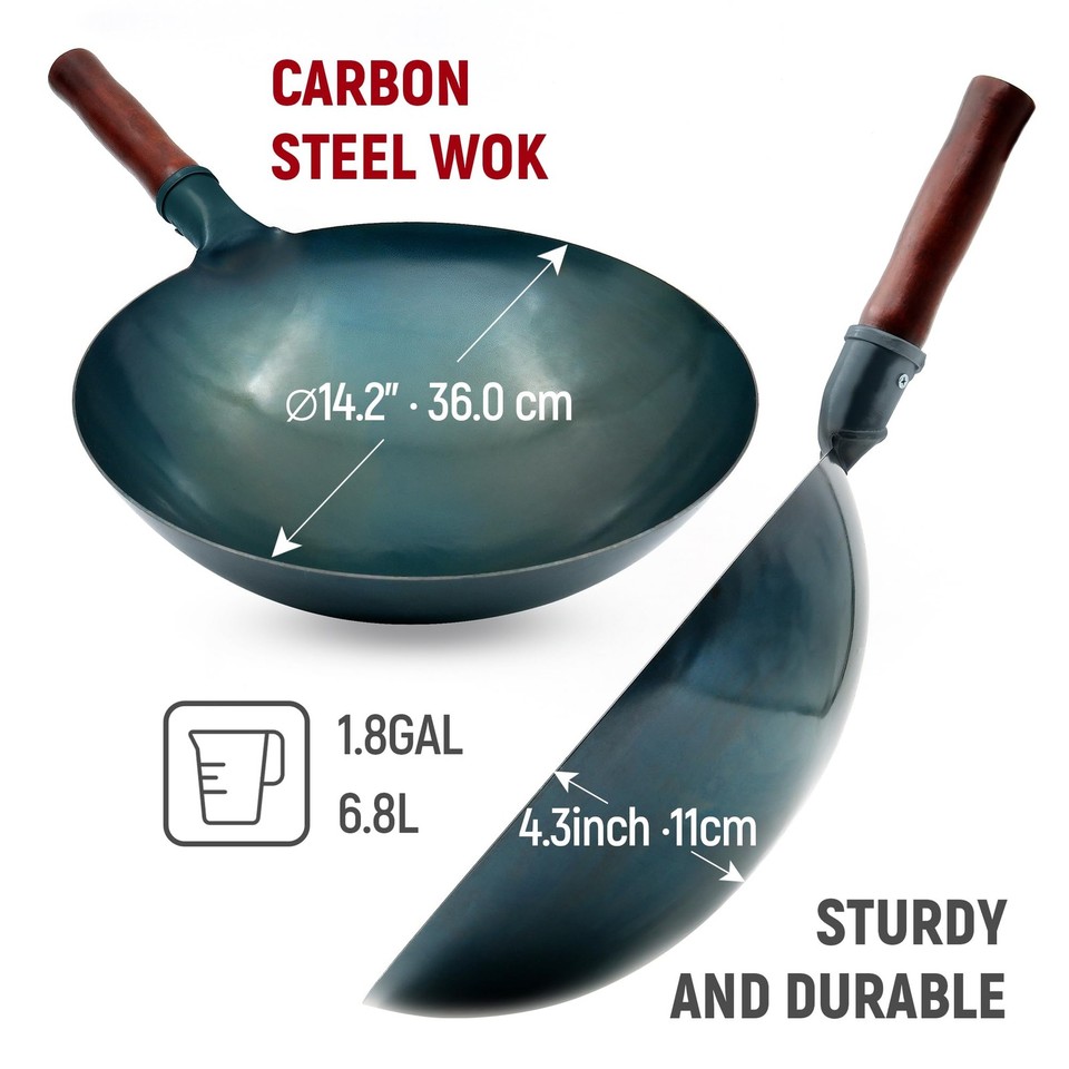 Carbon Steel Wok Traditional Hand Hammered Wok,14 Inch,Round Bottom ...