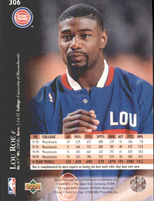 1995-96 Upper Deck Detroit Pistons Basketball Card #306 Lou Roe Rookie ...
