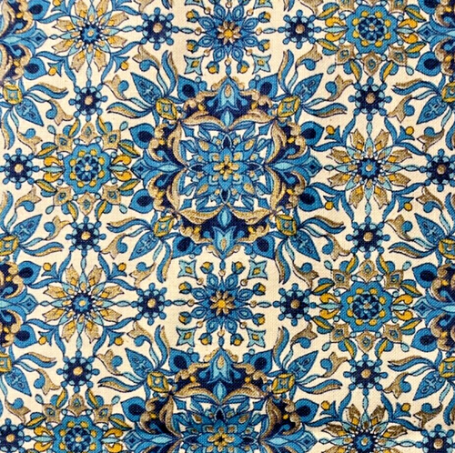 Vintage MCM Fabric with tile design in blues, gold and ivory BTHY ...
