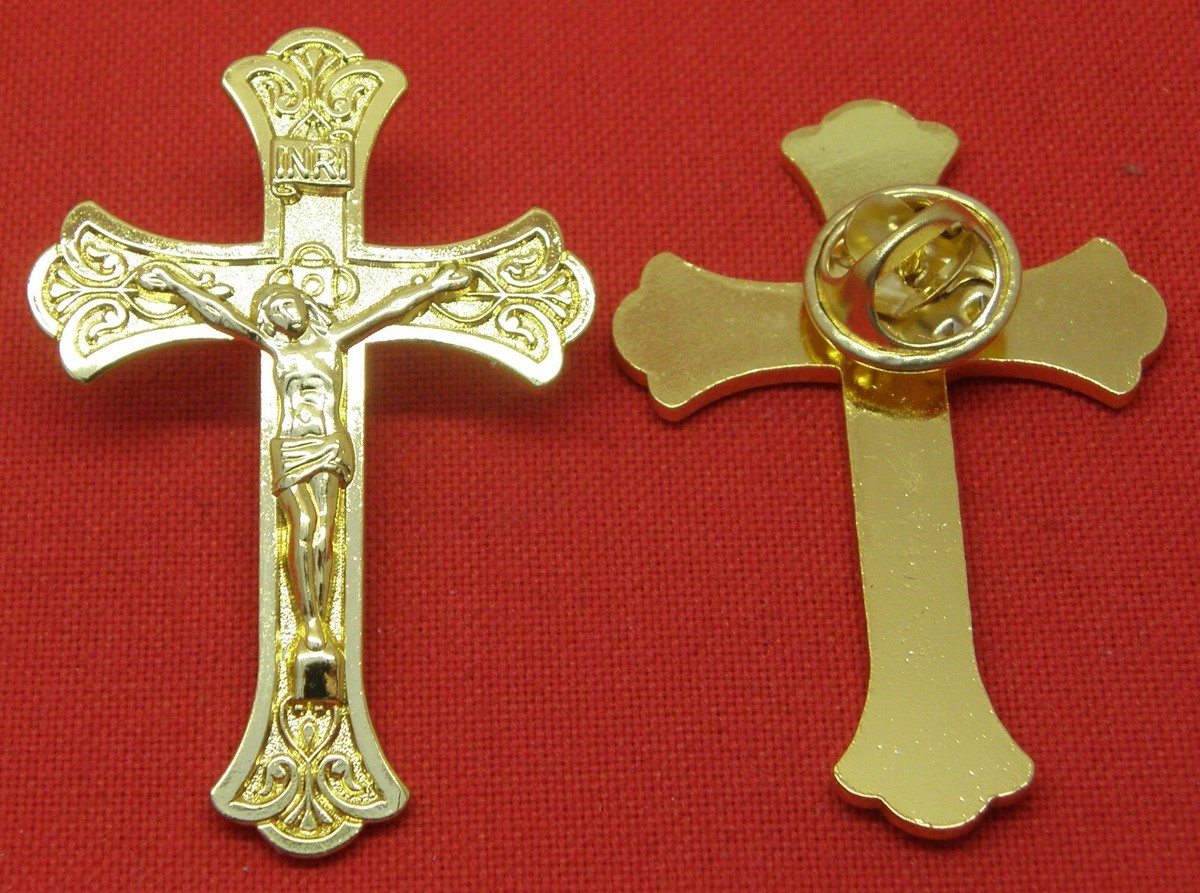 Gold Coloured Jesus Cross Crucifix Pin Badge Religious Lapel Easter