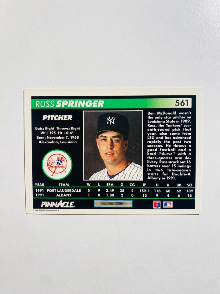 1992 PINNACLE #561 RUSS SPRINGER ROOKIE NM-MT MLB BASEBALL CARD | eBay