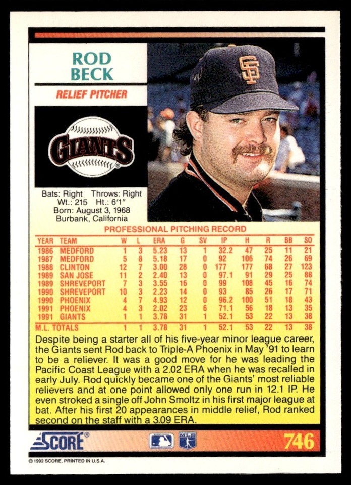 1992 Score Rod Beck Rookie San Francisco Giants #746A | eBay UK