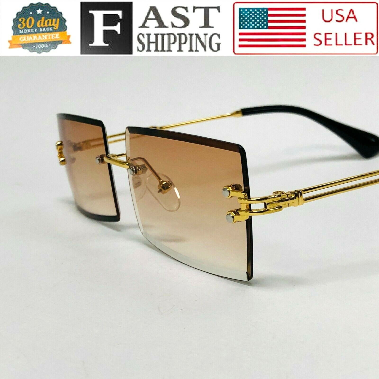 Men's Rimless Vintage Retro Rectangle Gold CLEAR Lens Fashion Hip Hop ...