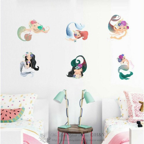 6 Pcs Mermaid Girls Wall Stickers Nursery Decor Kids Vinyl Decal Art ...