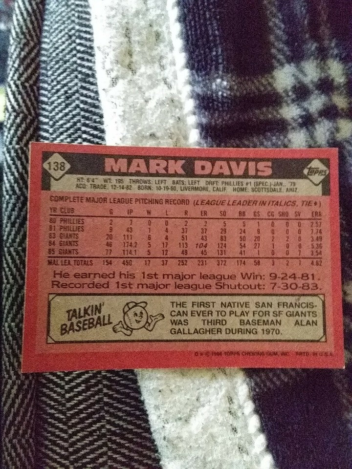 Topps 1986 and Fleer 1987 Mark Davis San Francisco Giants Baseball 2 ...