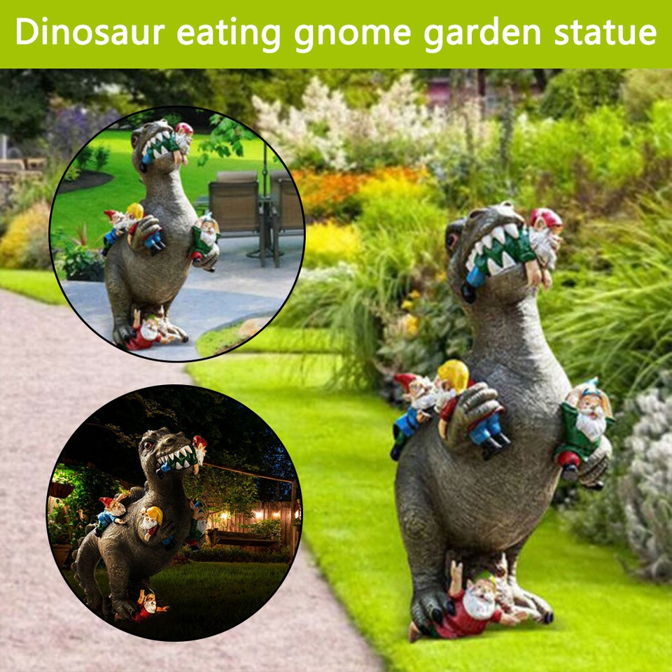 Garden Gnome Statues Outdoor Decor Dinosaur Eating Gnomes Garden Art ...