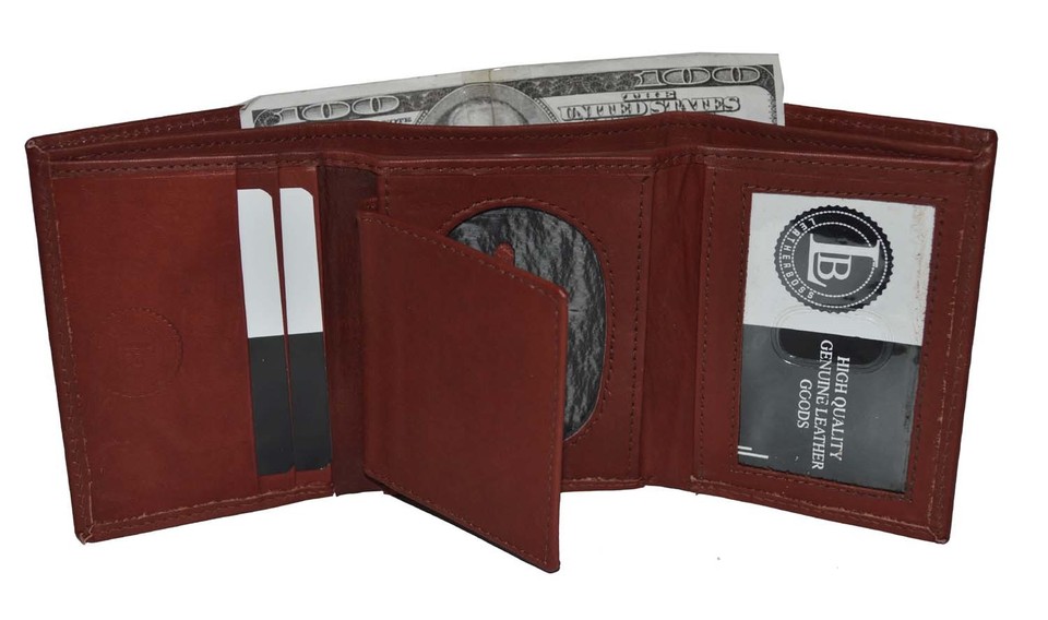BADGE ID HOLDER ROUNDED OVAL SHAPE BURGUNDY TRIFOLD WALLET NEW LEATHER ...