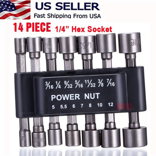 14pc POWER NUT Driver Bit Set Dual 1/4 Quick Change SAE & Metric MM ...
