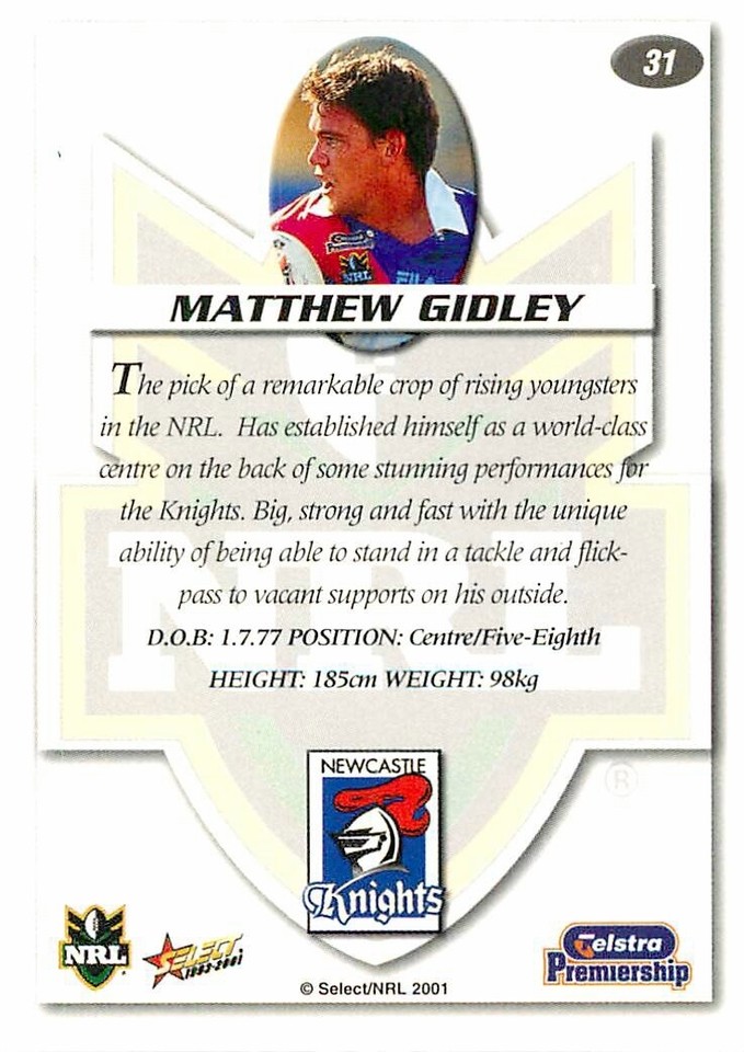 2001 NEWCASTLE KNIGHTS NRL Premiers Card MATTHEW GIDLEY | eBay