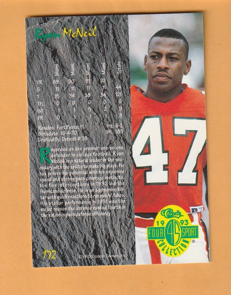 Ryan McNeil Miami Hurricanes 1993 Classic Four Sport #172 Fort Pierce ...