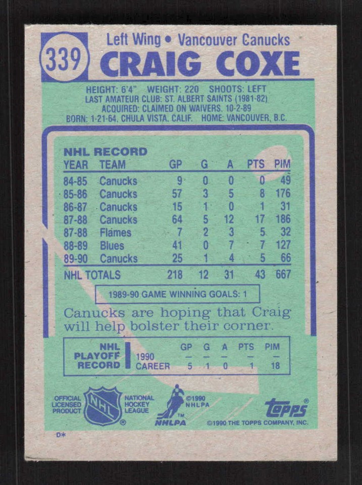 Craig Coxe RC 1990 Topps Vancouver Canucks #339 | eBay