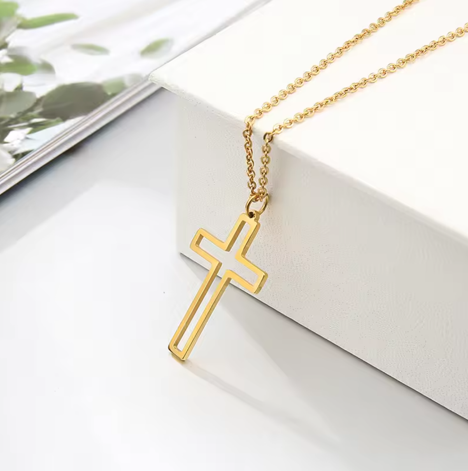 Stainless Steel Hollow Cross Pendant Silver And Gold Necklace Unisex ...