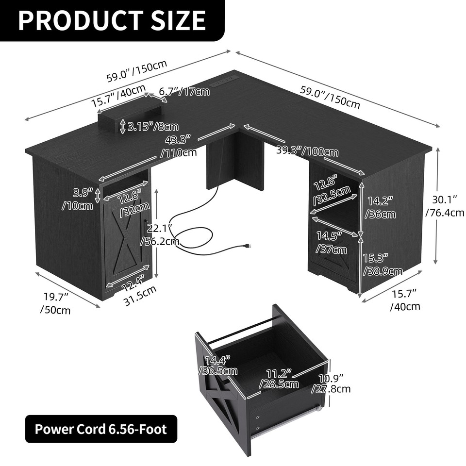 60 Inch L Shaped Desk with Power Outlets Corner Computer Desk with File ...