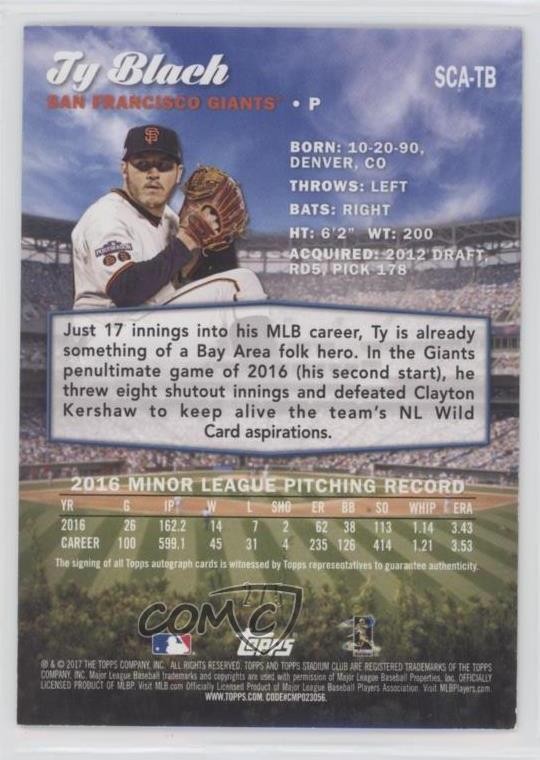 2017 Topps Stadium Club Auto Orange 2/5 Ty Blach #SCA-TB Rookie Auto RC ...