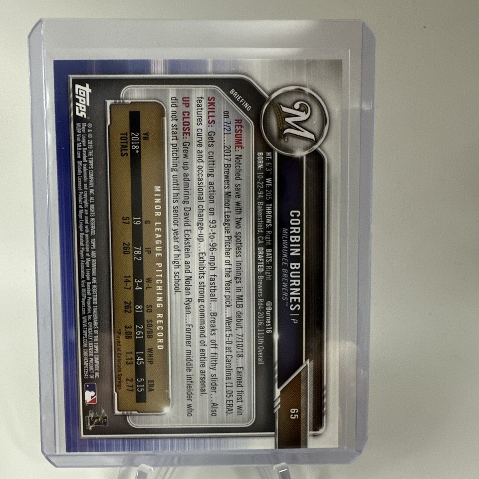 2019 Bowman Corbin Burnes Rookie Card. Milwaukee Brewers Card #65 | eBay