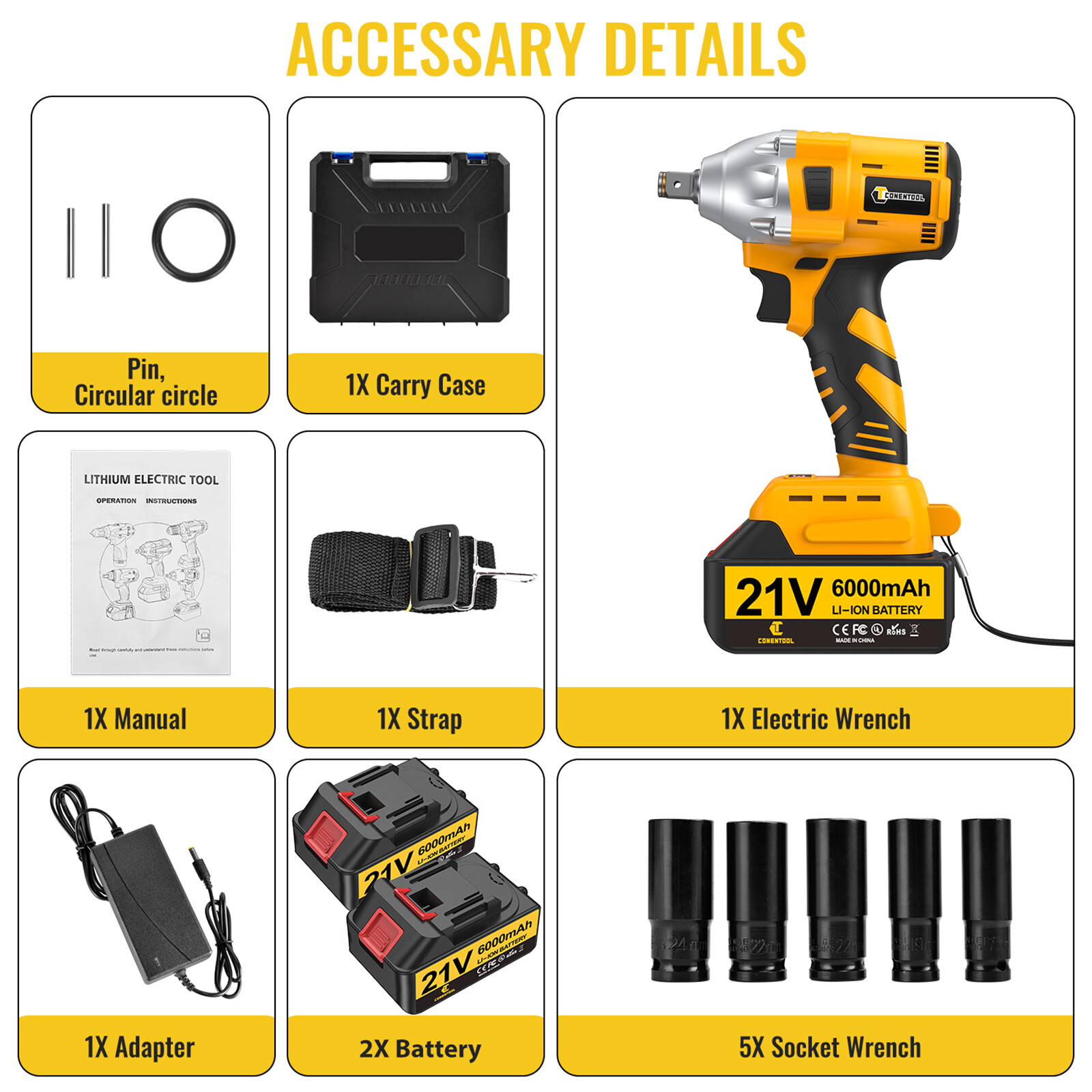 21V Cordless Impact Wrench 1/2"Driver Ratchet Rattle Nut Gun Set Red ...