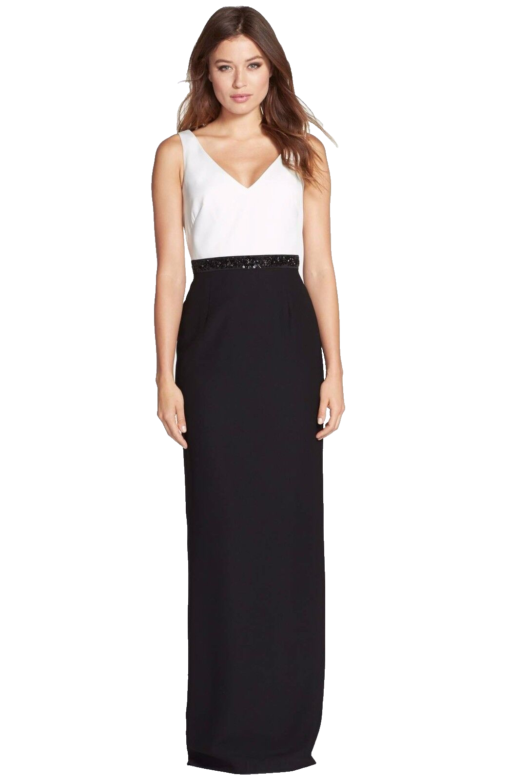 Adrianna Papell ~White & Black Satin Crepe Colorblock Beaded Formal ...