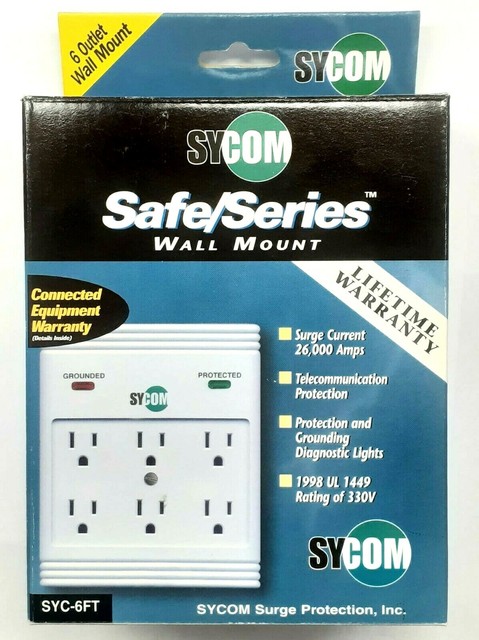 Sycom Safe Series 6 Outlet Wall Mount Surge Protector SYC-6FT for sale ...