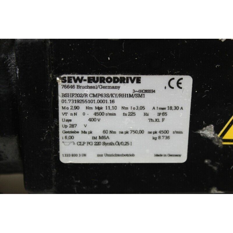 SEW-EURODRIVE BSHF202/R CMP63S/KY/RH1M/SM1 (servo motor) - 6 months ...
