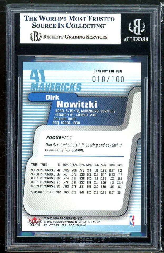 Dirk Nowitzki Card 2003-04 Fleer Focus Numbers Century (pop 1) #41 BGS ...
