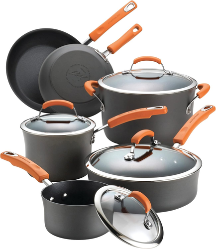Brights 10-Piece Nonstick Cookware Set with Glass Lids, Gray & Orange ...