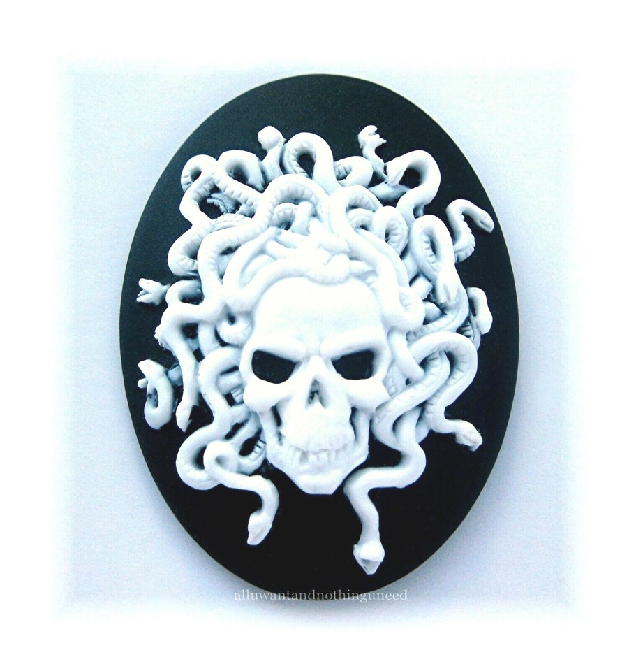 4 Goth Punk Zombie WHITE MEDUSA SKULL w/ SNAKES on BLACK 40mm x 30mm ...