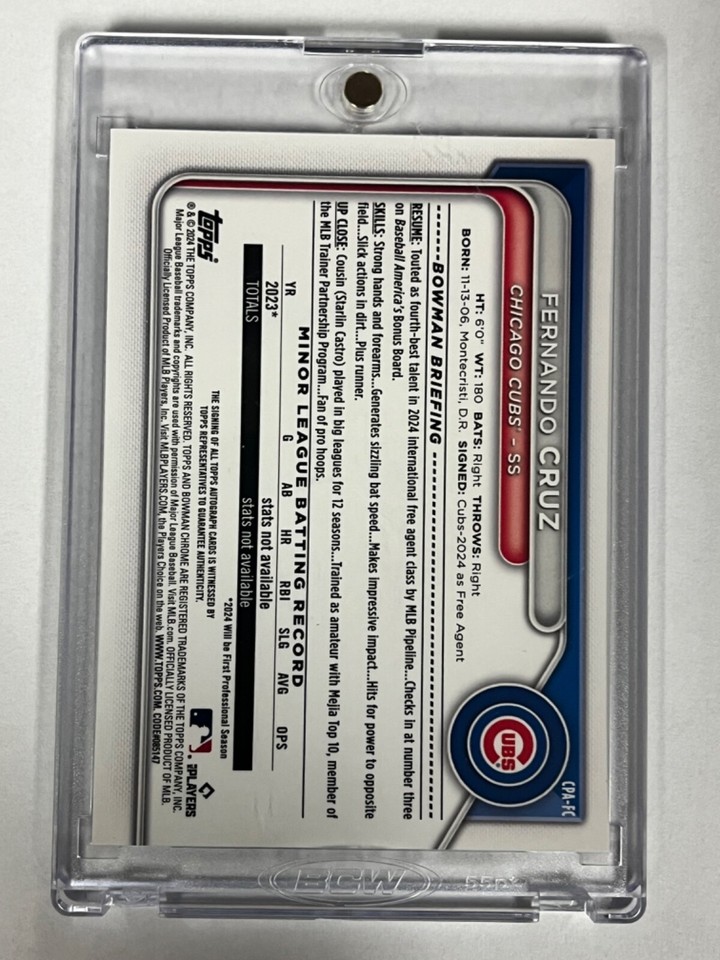 Fernando Cruz #/100 AUTO 1ST Mini Diamond Refractor 2024 Bowman Chrome ...