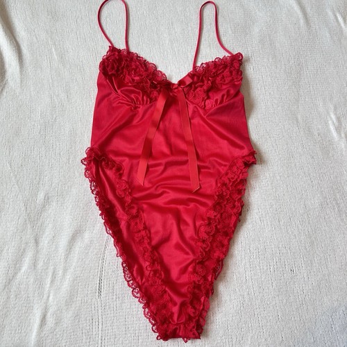 Vtg Teddy Lingerie Sz L Nightwear Red Lace Ruffle French Cut Bow Satin ...
