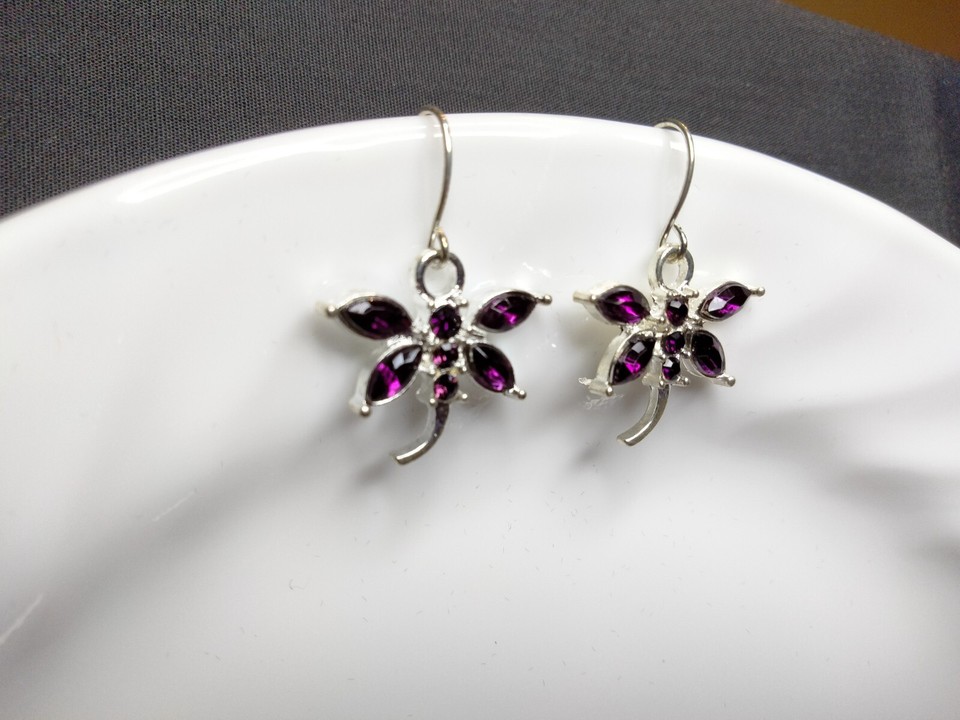 Butterfly Purple Rhinestone Charm Earrings Pierced French Wire | eBay