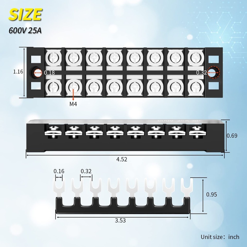 8 Position Terminal Block 25A 600V Dual Row Screw Terminal Strip Dual ...